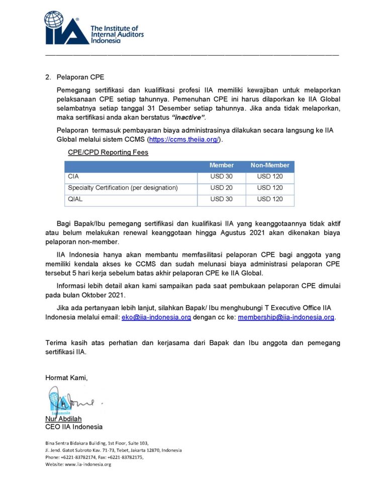 Membership Fees and CPE Reporting Updates - IIA Indonesia